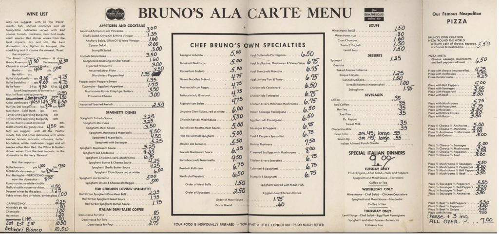 Bruno's Menu 1970s - Encyclopedia of Arkansas