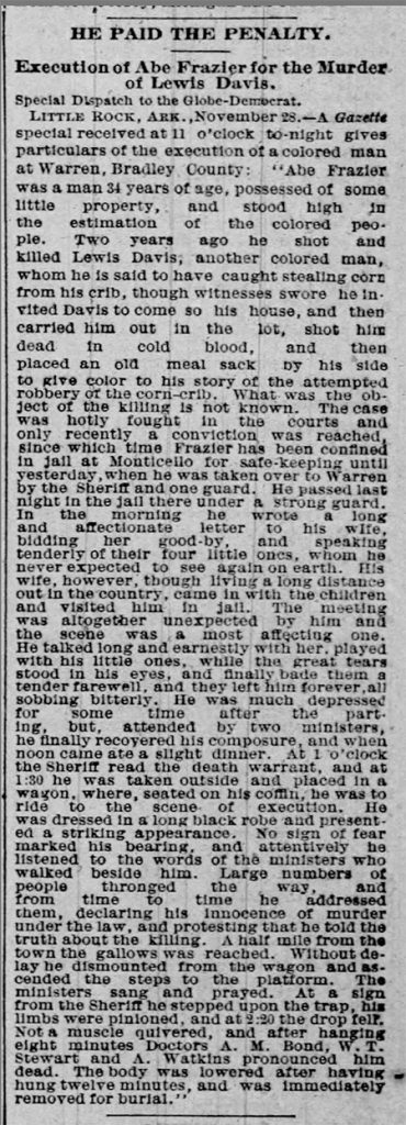 Frazier, Abe (Execution of) - Encyclopedia of Arkansas
